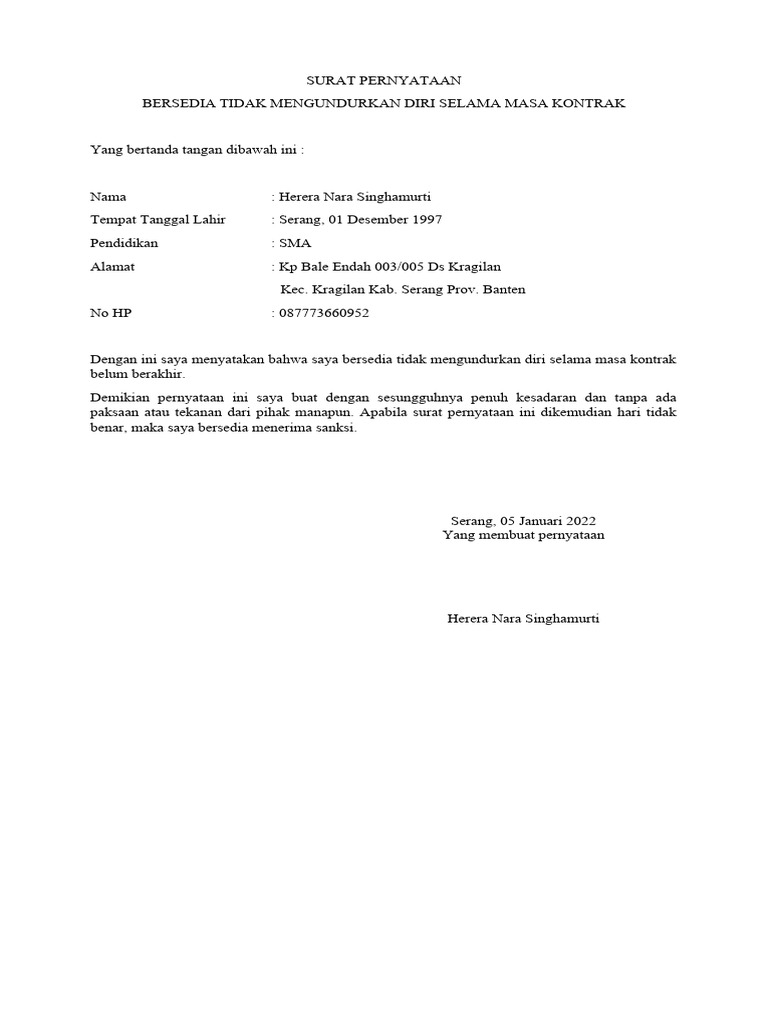 Surat Pernyataan Tidak Mengundurkan Diri | PDF