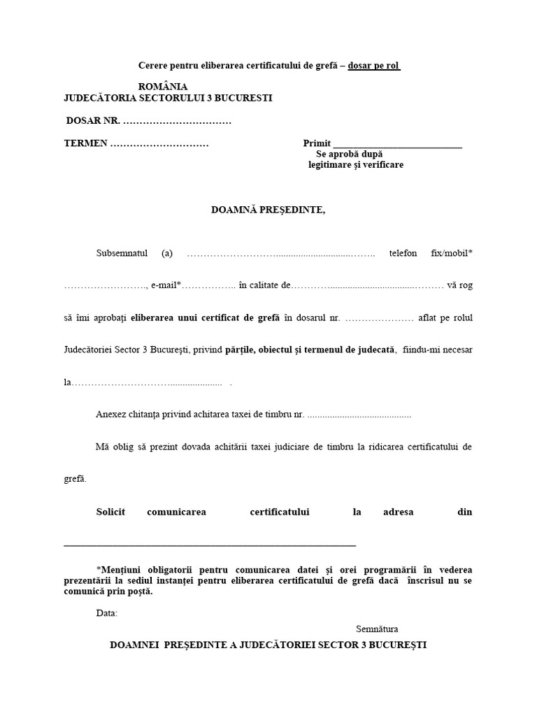 CERERE DE ELIBERARE CERTIFICAT DE GREFA - Dosar Cu Termen Pe Rol 2 | PDF