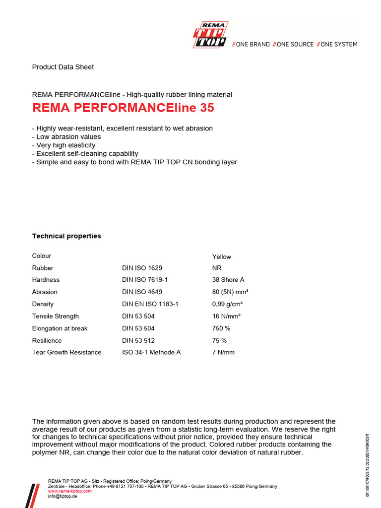 REMA PERFORMANCEline Rubber Data Sheet | PDF