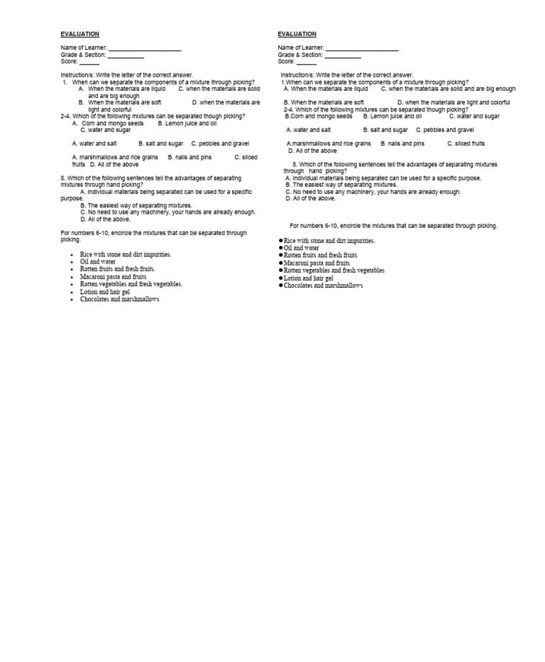 Mixture Separation Evaluation Worksheet | PDF