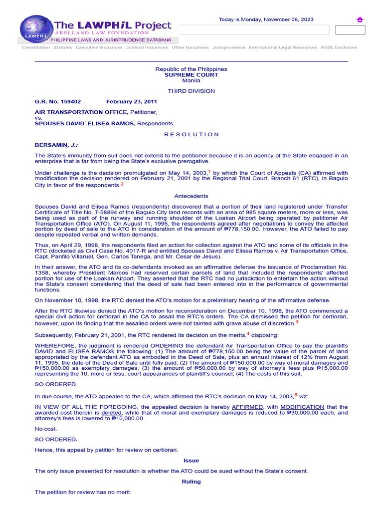 V. A - Air Transpo. Office v. Ramos G.R. No. 159402 | PDF | Sovereign ...