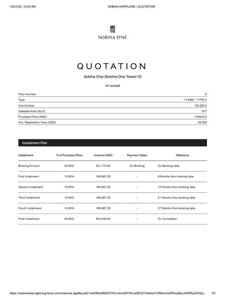 Sobha One Tower D Quotation Details | PDF | Business | Market (Economics)