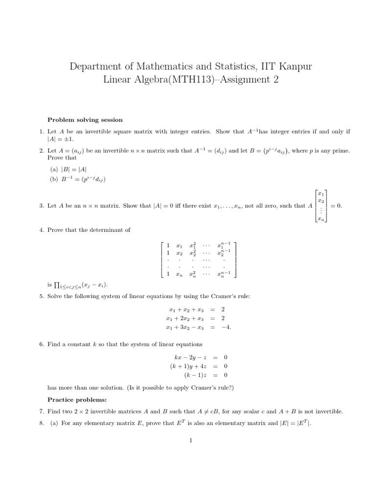 Assignment 2 MTH113 | PDF | Matrix (Mathematics) | Determinant