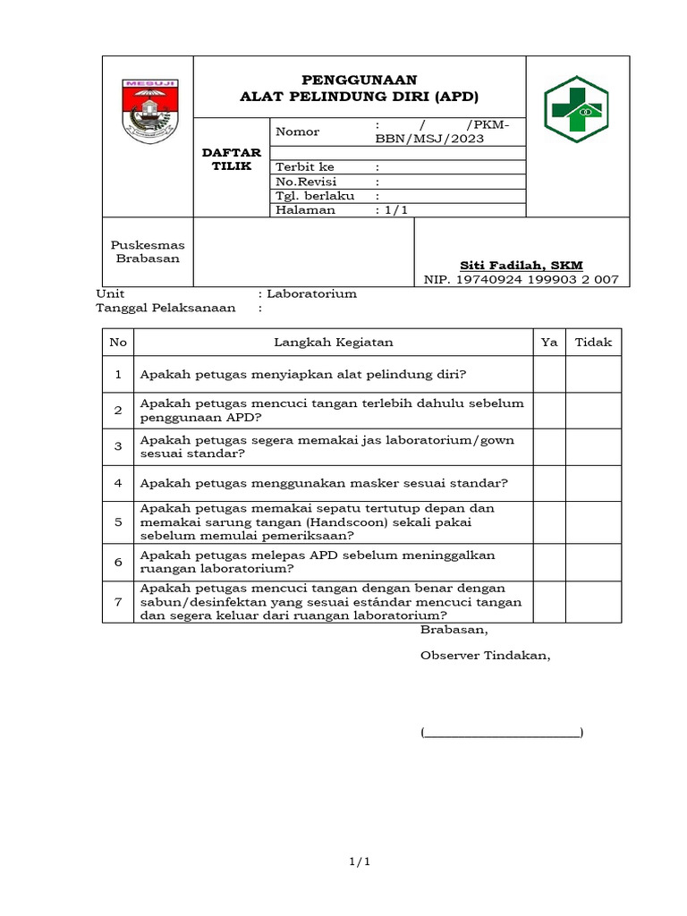 Daftar Tilik APD | PDF