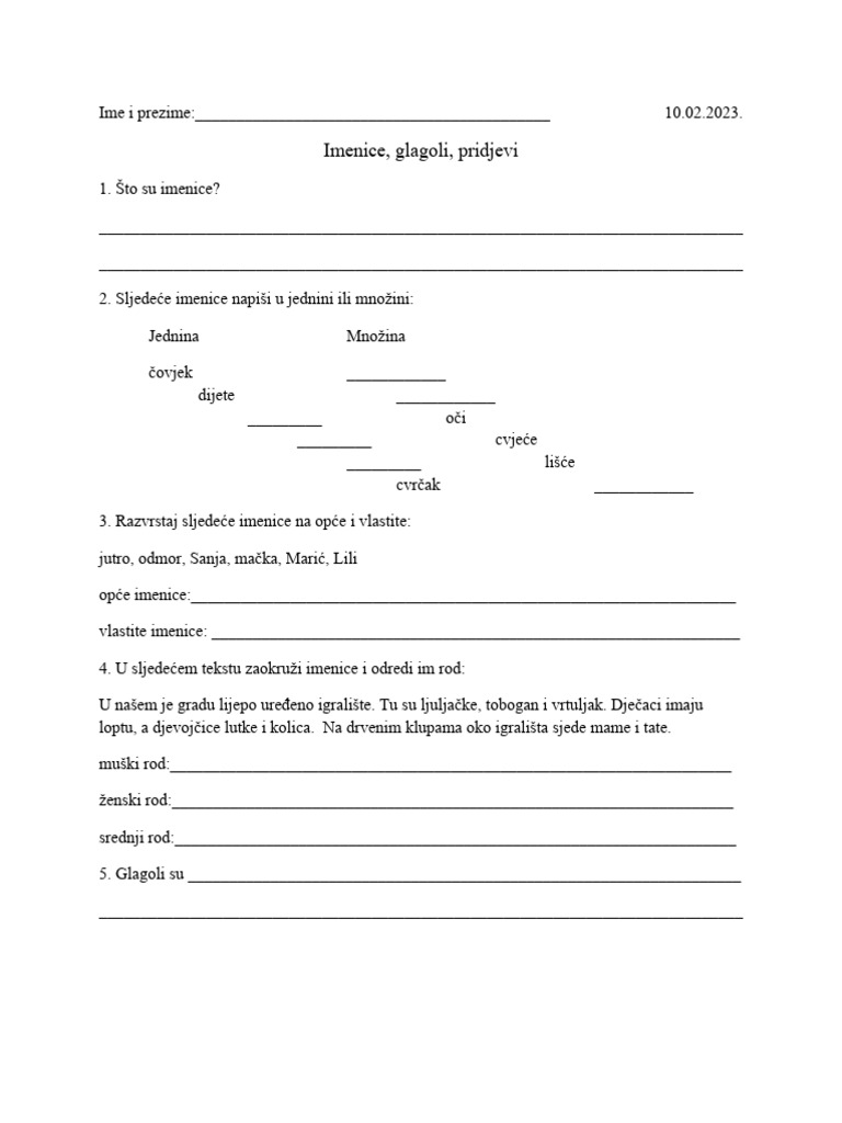Imenice, Glagoli, Pridjevi | PDF