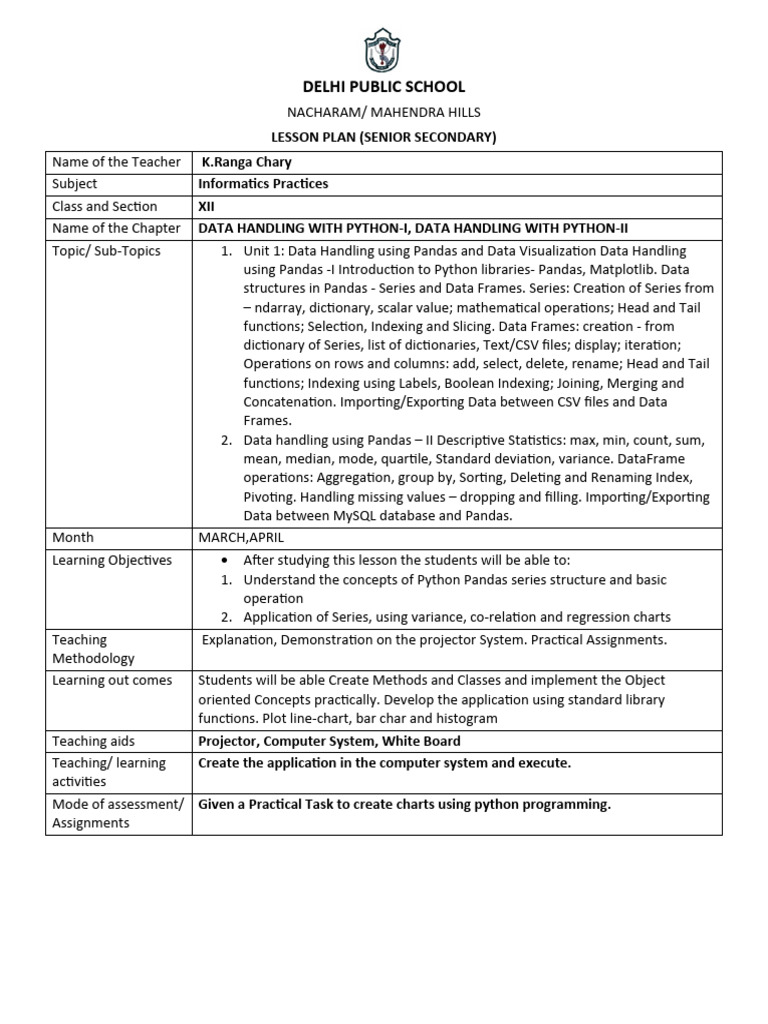 Lesson Plan Ip Xii March April 2023 | PDF | Data | Database Index