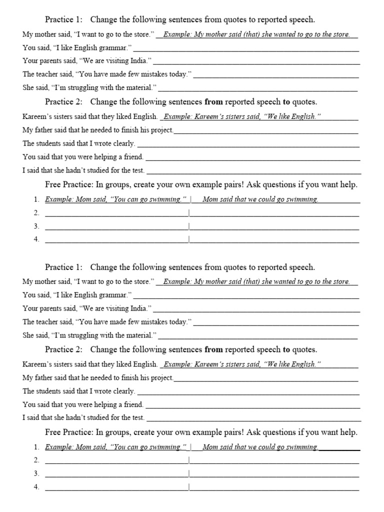 Reported Speech vs. Quotations Practice | Download Free PDF | English ...