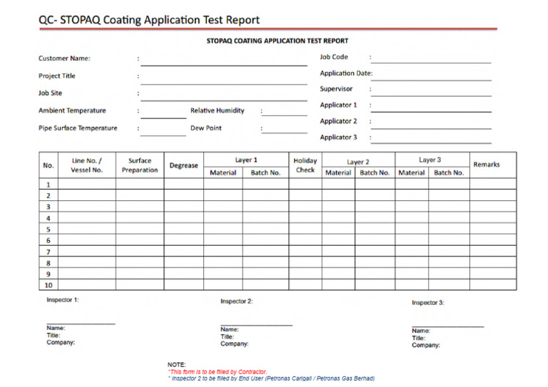 QC - STOPAQ Coating Application Test Report Form | PDF