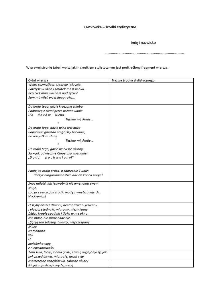 Kartkówka Środki Stylistyczne | PDF