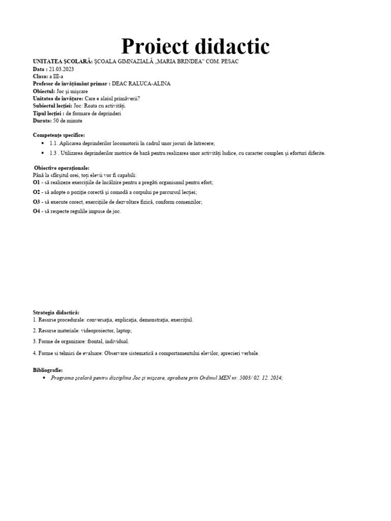 Proiect Didactic Joc Si Miscare | PDF