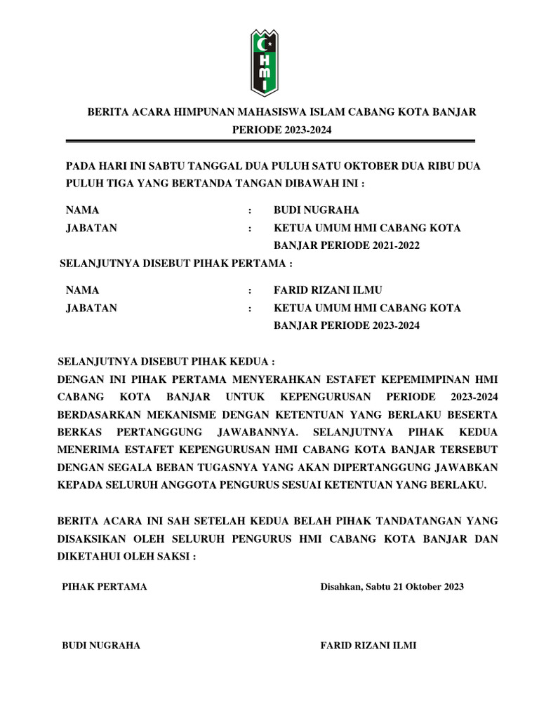 Berita Acara Pelantikan Hmi 2023 | PDF