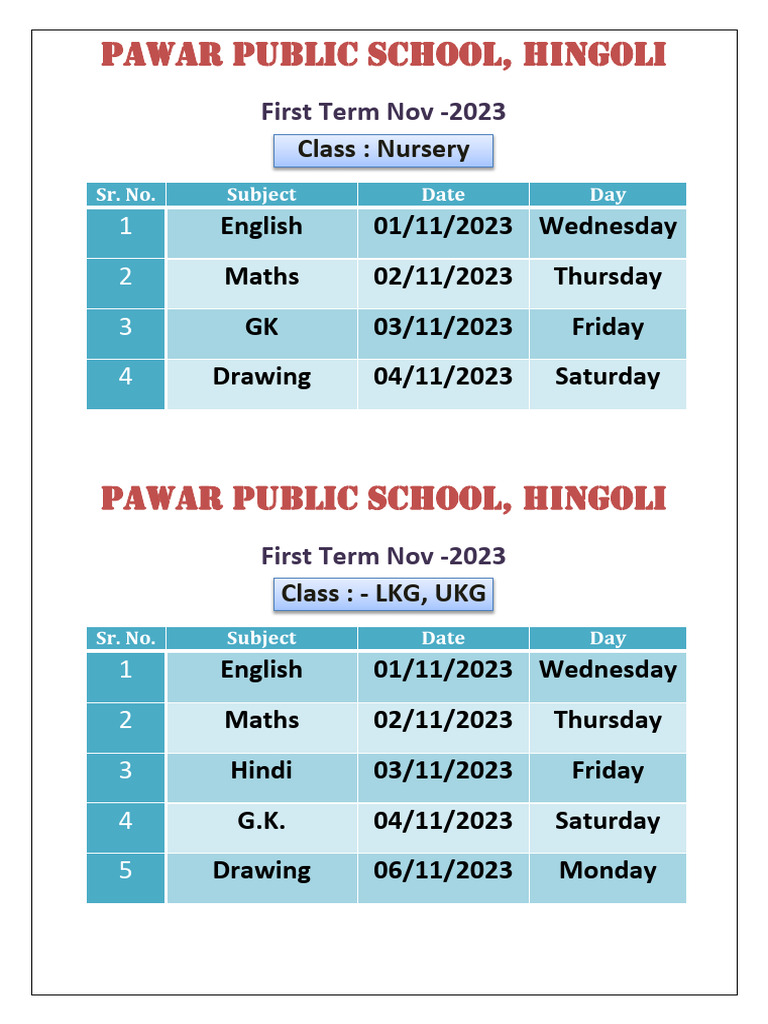 Time Table First Term 2023 - Nursery, LKG UKG | PDF
