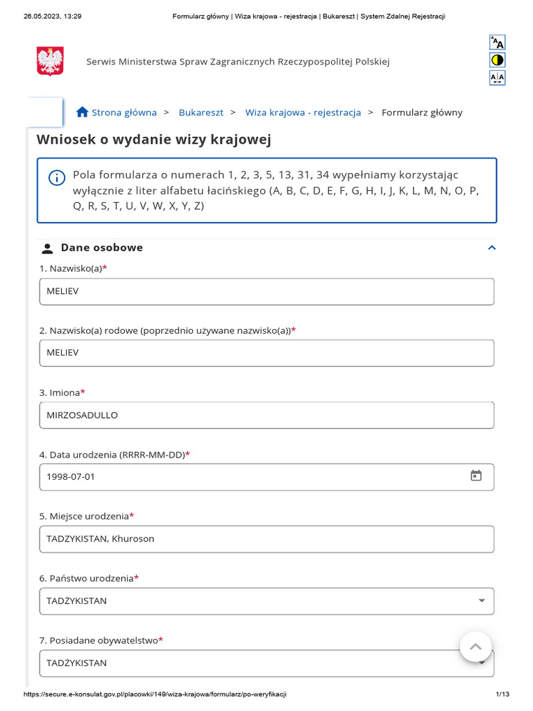 Formularz Główny - Wiza Krajowa - Rejestracja - Bukareszt - System Zdalnej Rejestracji | PDF