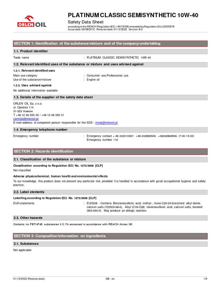 Platinum Classic 10W-40 Safety Data Sheet | PDF | Toxicity | Dangerous ...