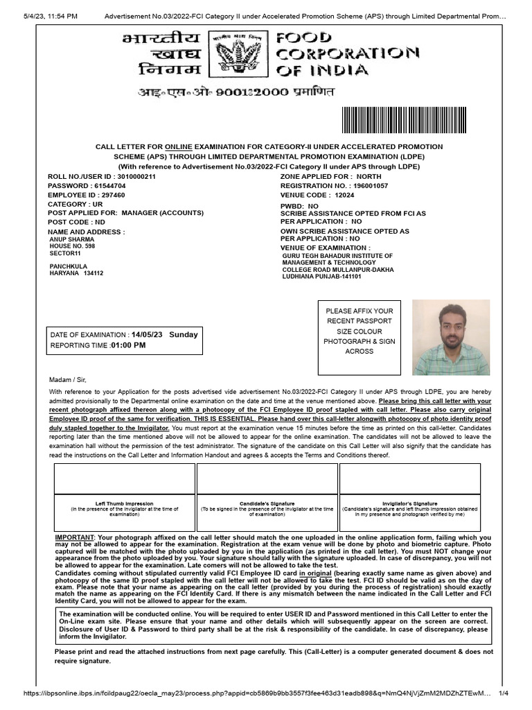 FCI APS Call Letter for Manager Exam | PDF | Identity Document