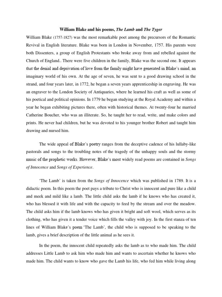 English (Hons.) - II Sem. - William Blake and His Poems, The Lamb and The Tyger - SKD | PDF ...
