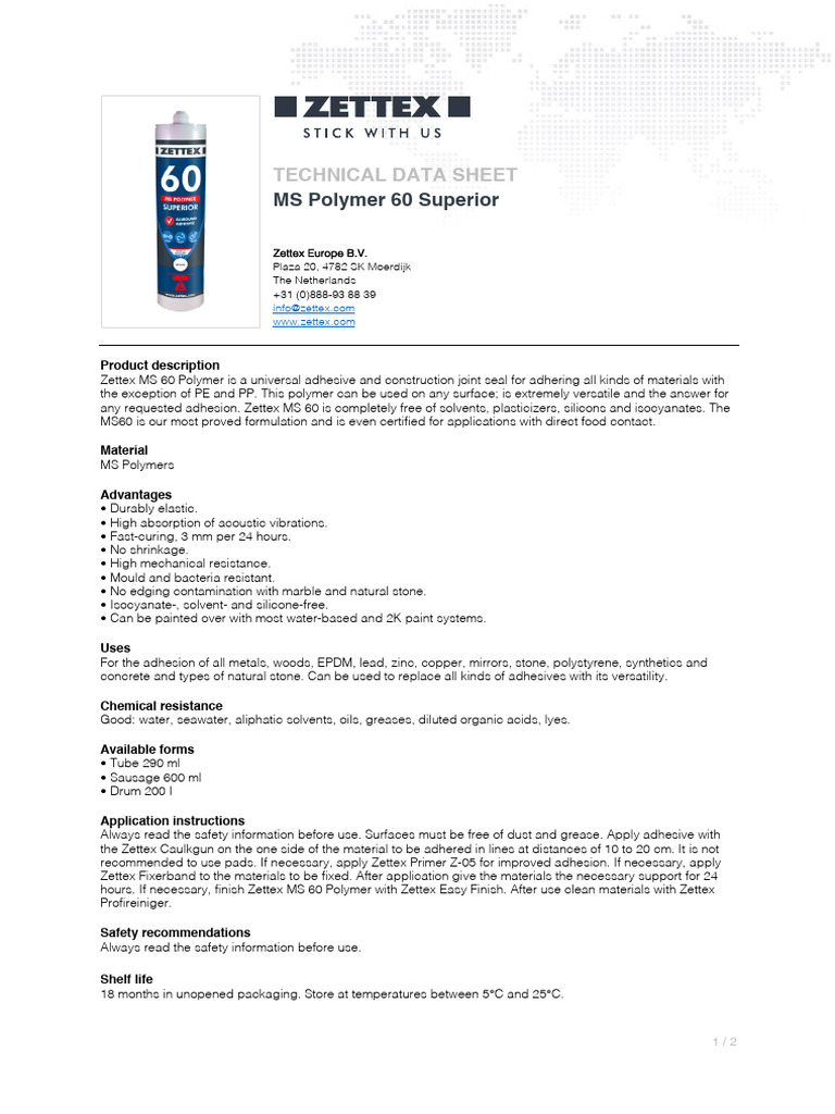 Zettex MS Polymer 60 Technical Data Sheet | PDF | Adhesive | Paint