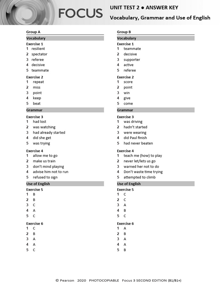 Focus3 2E Unit Test Vocabulary Grammar UoE Unit2 GroupA B ANSWERS | PDF