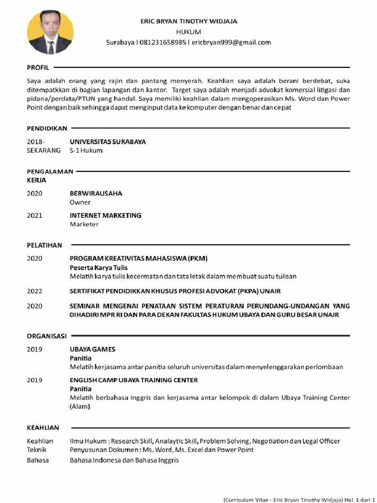 CV Bahasa Indonesia Eric | PDF