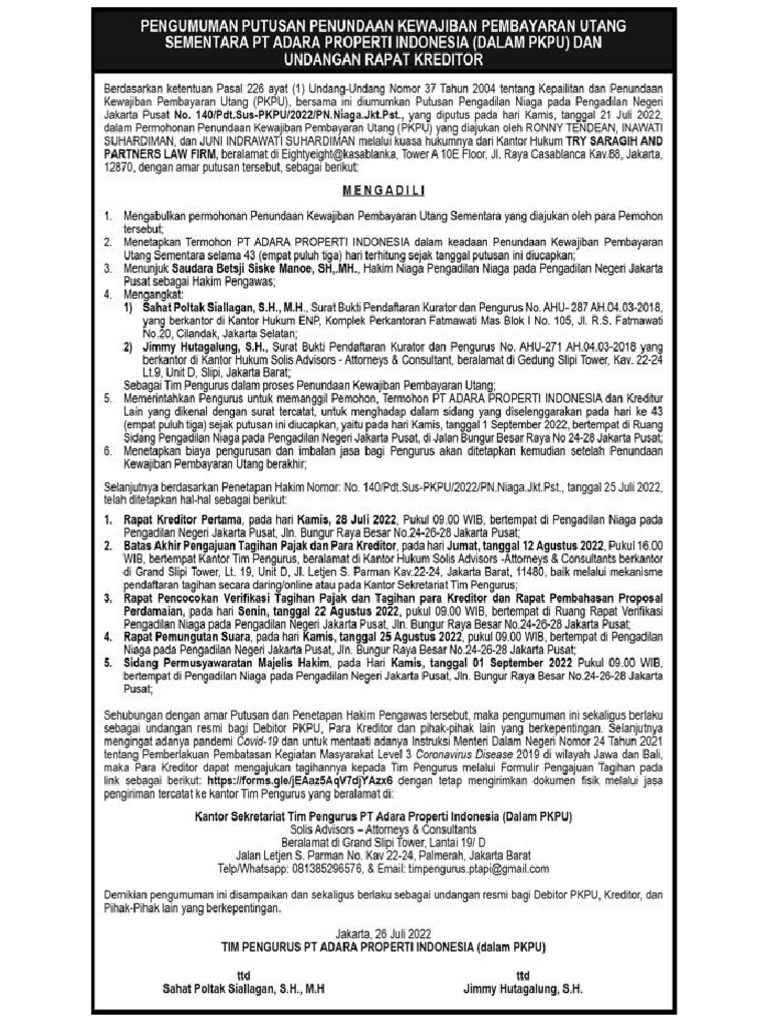 Pengumuman Koran PKPUS PT Adara Properti Indonesia (Dalam PKPU) | PDF