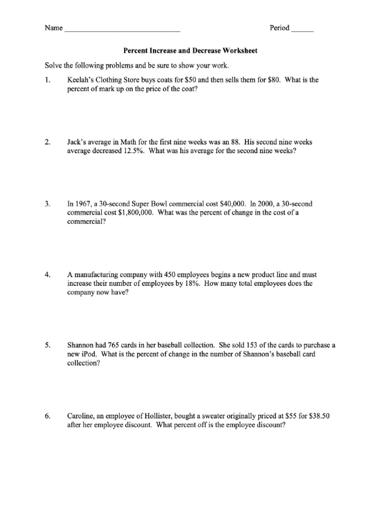 Percent Increase and Decrease Worksheet | PDF