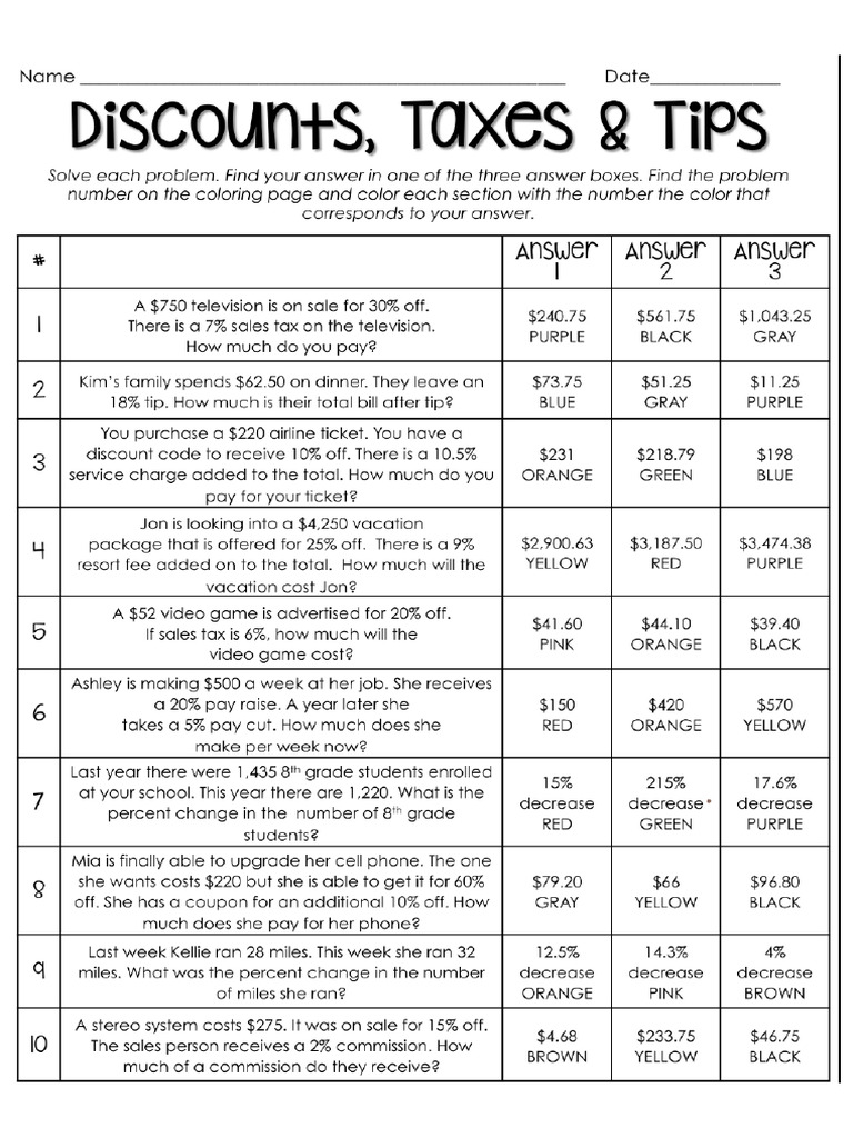Percent Tax-Discount-Tip Worksheet | PDF