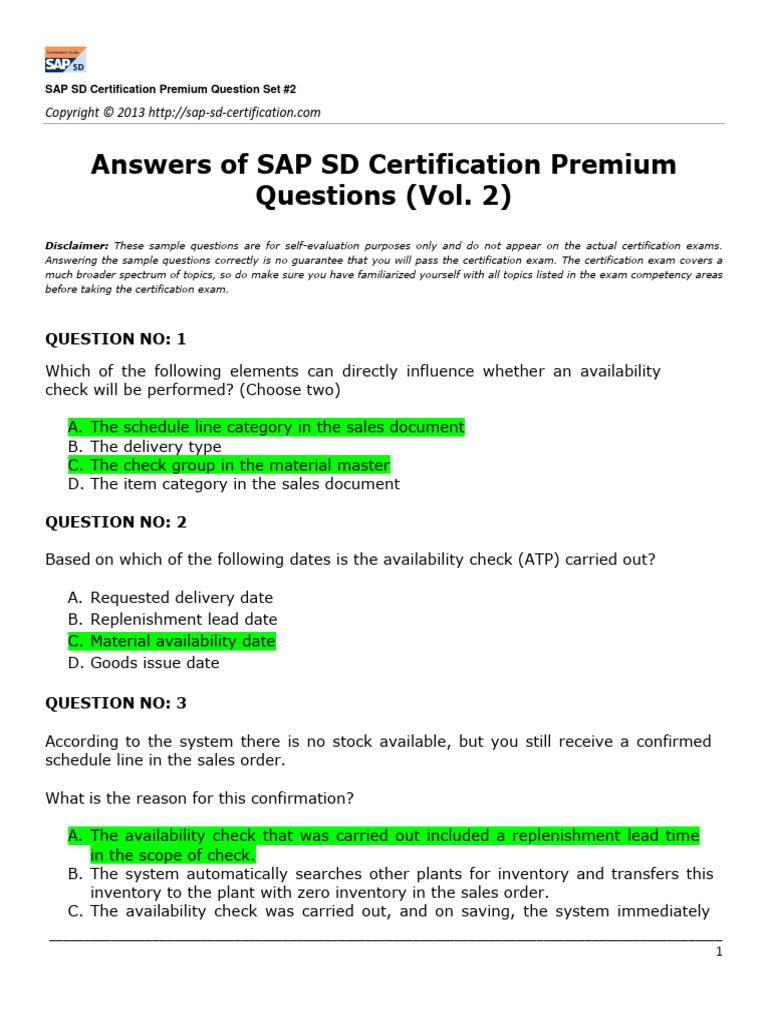 Answers SAP SD Premium Questions Vol.2 | PDF
