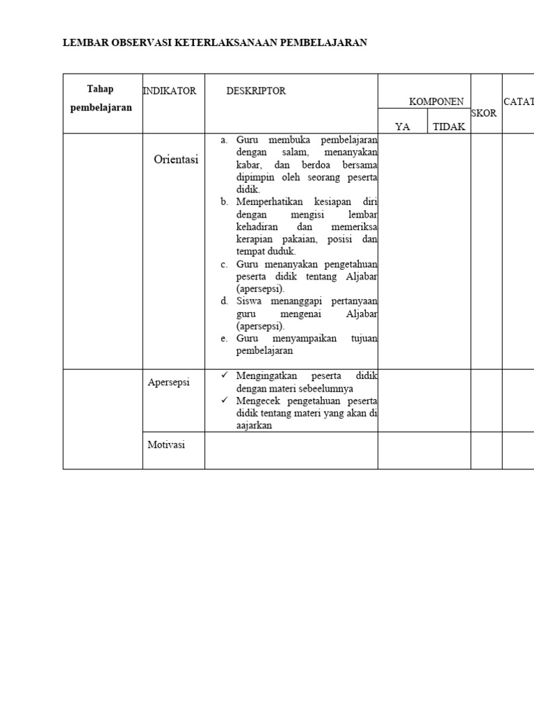 INSTRUMEN LEMBAR OBSERVASI | PDF