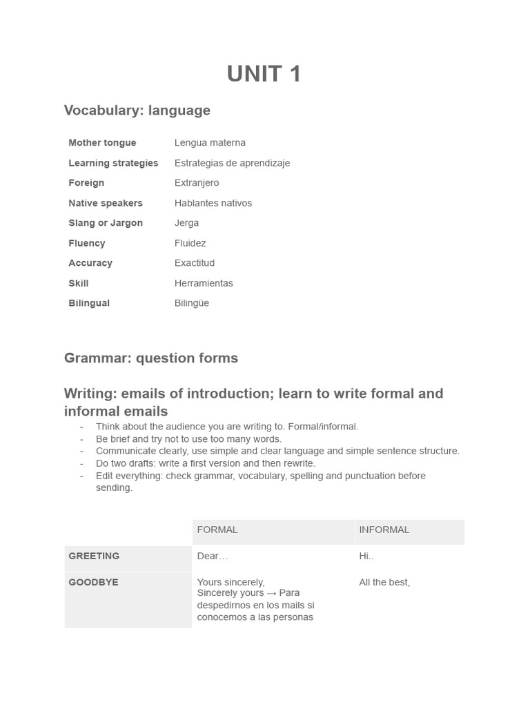 UNIT 1: Vocabulary & Grammar | PDF