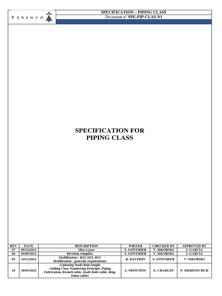 SPE - PIP - CLAS - N1 - Rev10 - Piping Class | PDF