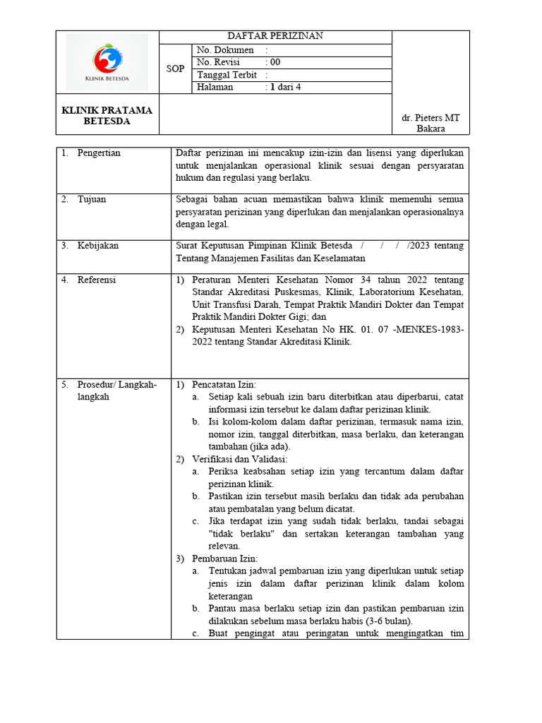 Sop 001 MFK I 2023 Daftar Perizinan | PDF