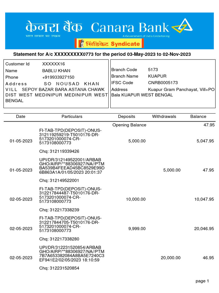 Account Statement of Bablu Khan | PDF