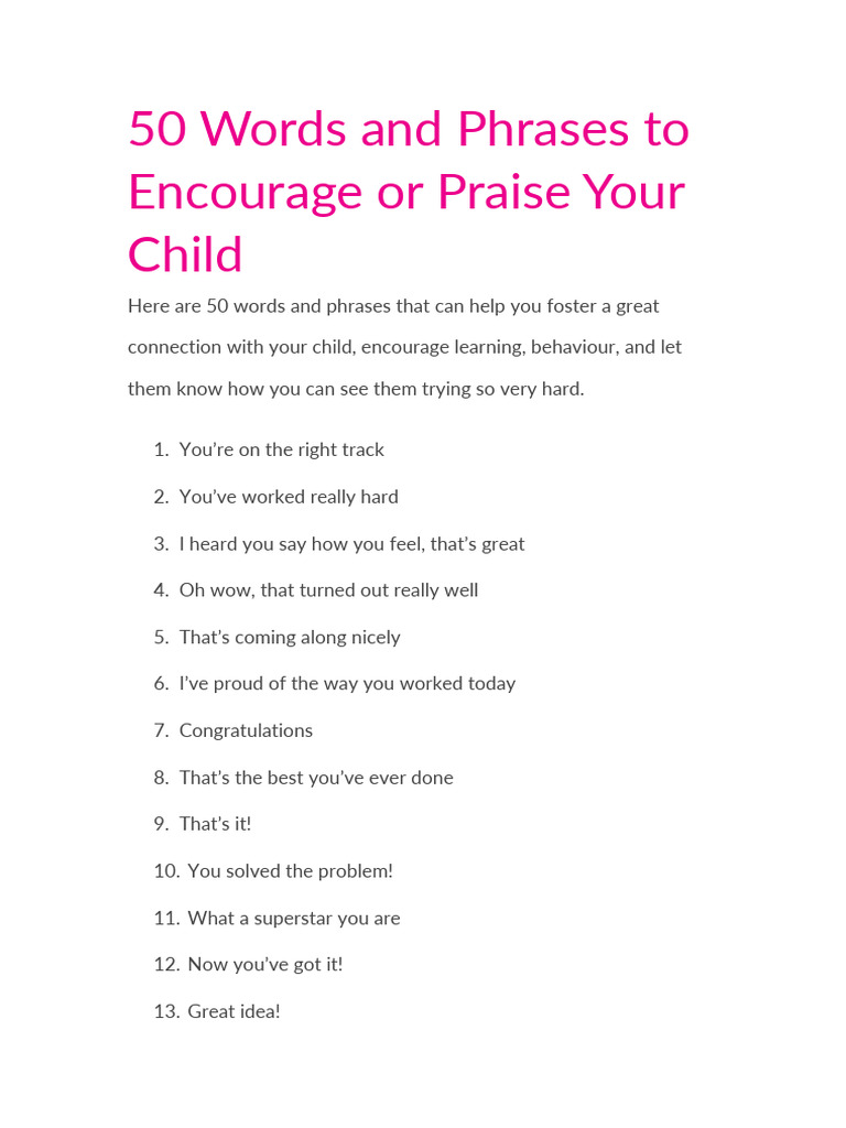 50 Words and Phrases To Encourage or Praise Your Child | PDF