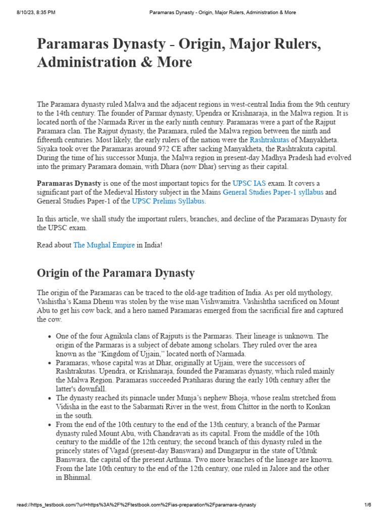 Paramaras Dynasty - Origin, Major Rulers, Administration & More | PDF