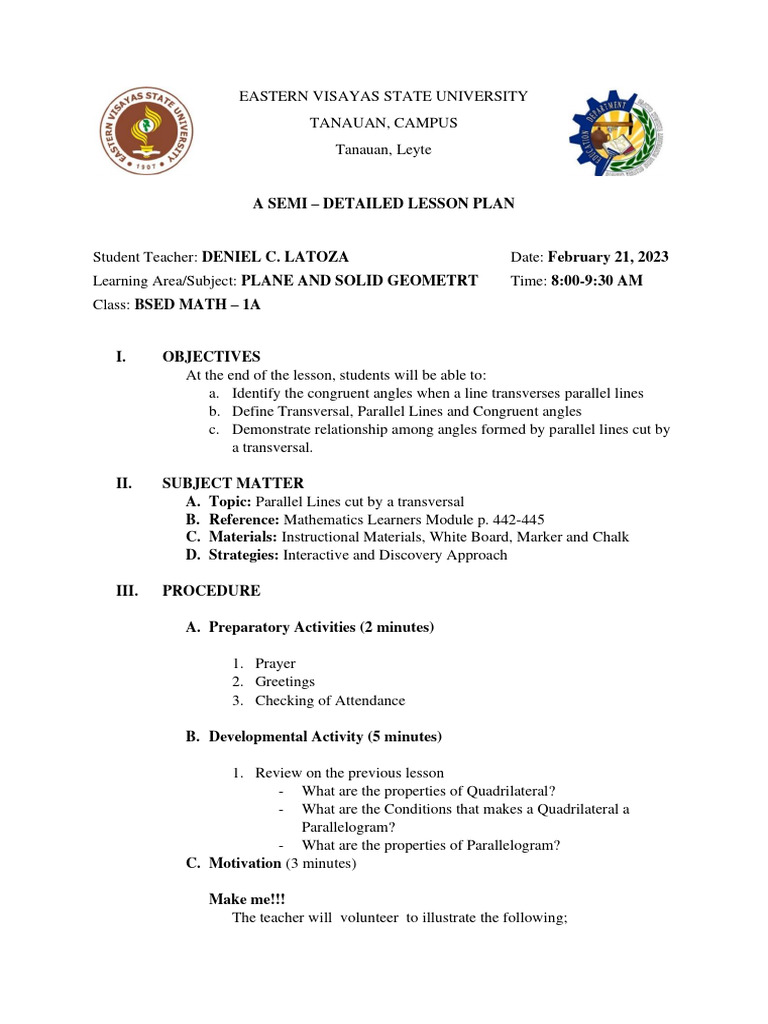 Parallel Lines Cut by A Transversal - Deniel Lesson Plan 3 | Download Free PDF | Elementary ...
