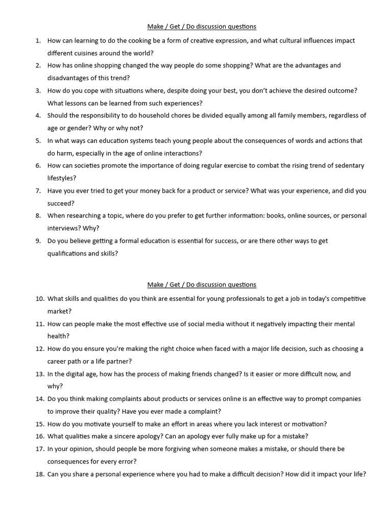 Make/Get/Do Discussion Topics | PDF