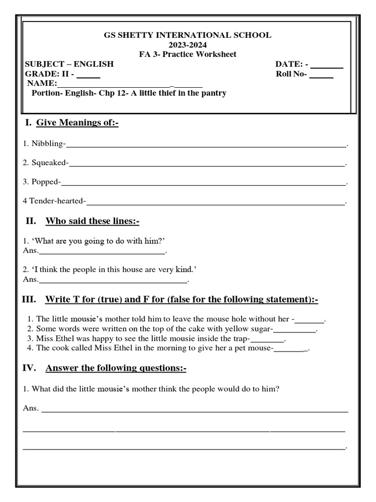 Grade 2 - English Practice Worksheet - FA 3 | PDF