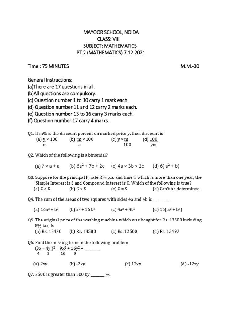 Class 8 Maths PT 2 Question Paper | PDF | Interest | Mathematics