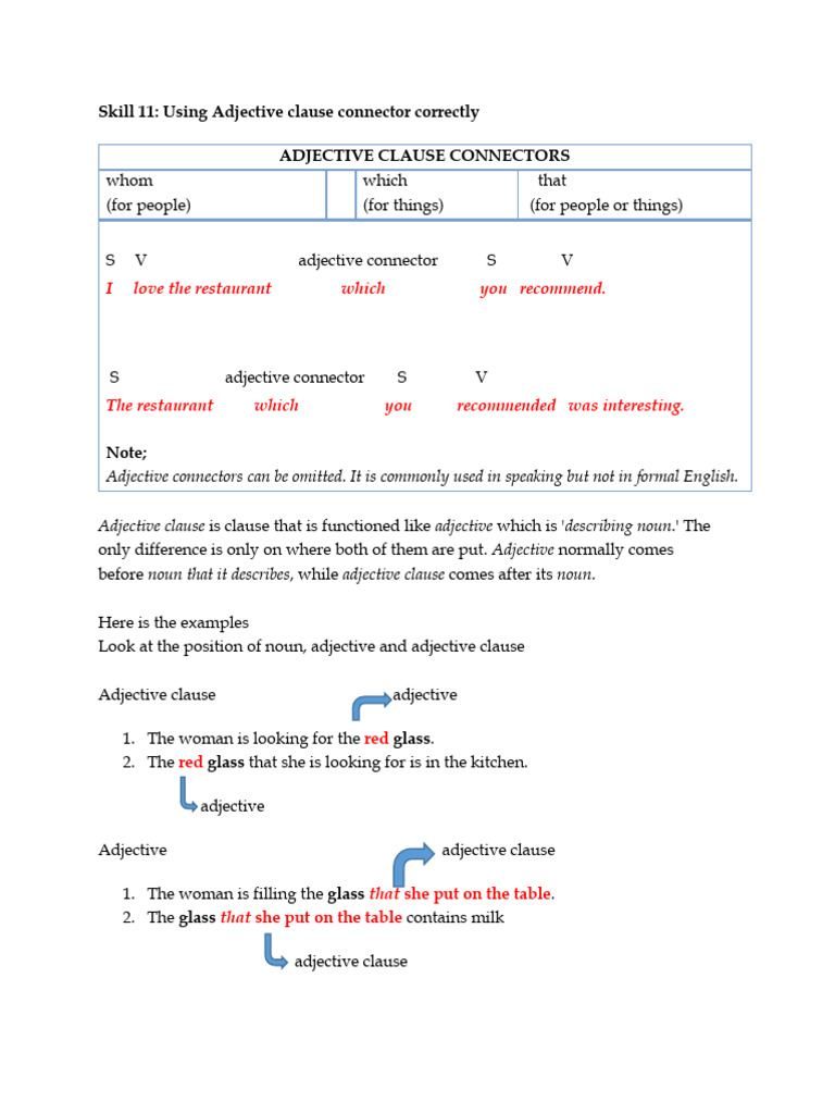 Adjective Clause Connectors Explained | PDF | Adjective | Ragtime