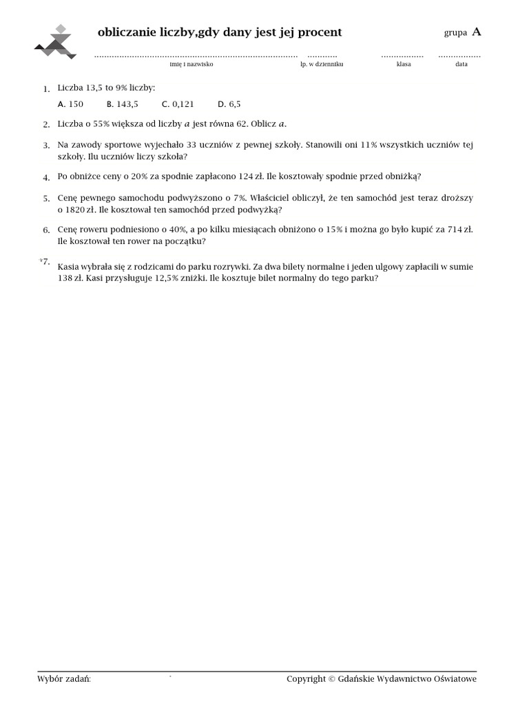 Obliczanie Liczby, Gdy Dany Jest Jej Procent | PDF