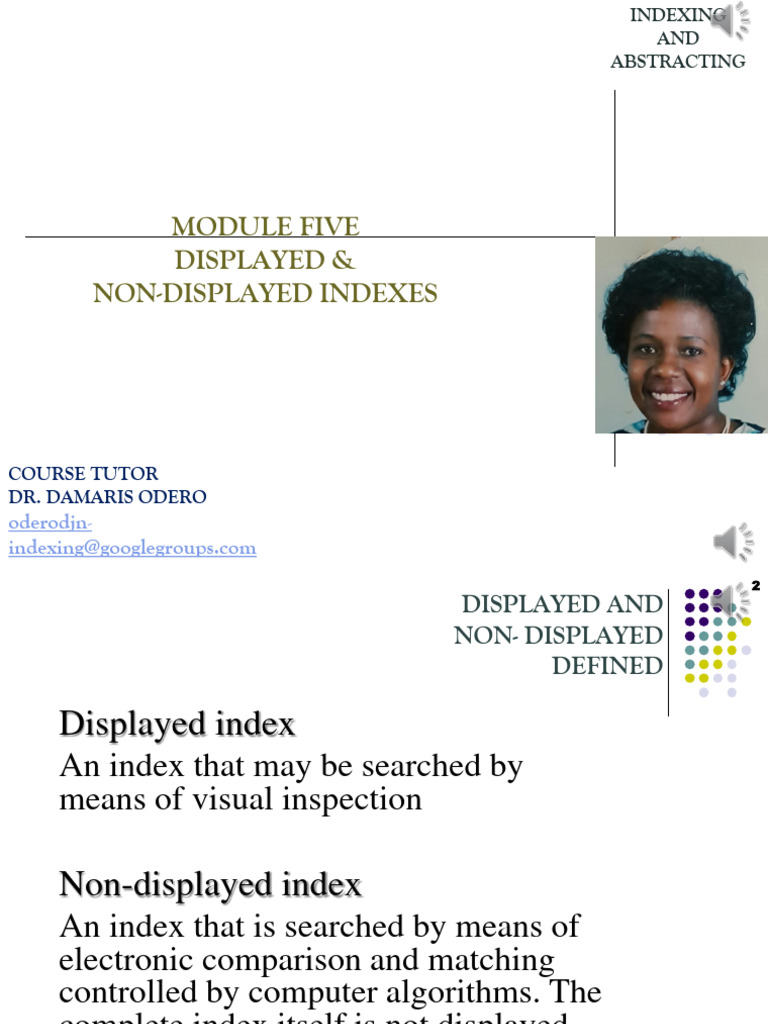 Ins 314 - Indexing and Abstracting Lecture 5 - Displayed and Non Displayed Index-1 | PDF