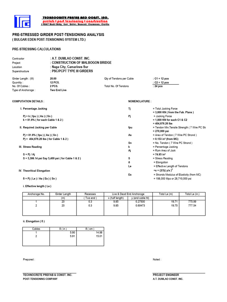 STRESSING CALCULATIONS - Malbogon Bridge | PDF | Prestressed Concrete | Continuum Mechanics