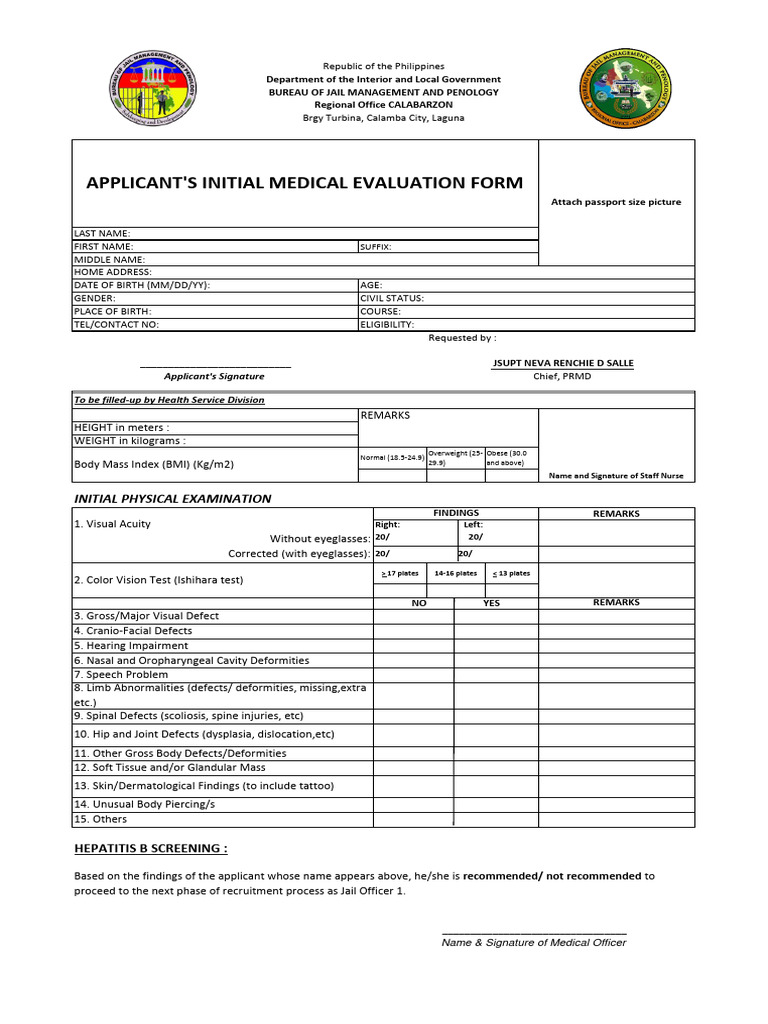 Initial Medical Eval Form (JO1 Applicant) | PDF