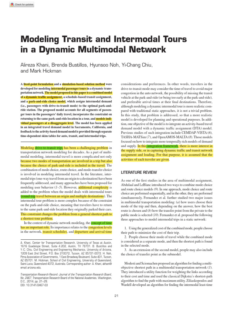 5. Khani Et Al 2014 Modeling Transit and Intermodal Tours in a Dynamic Multimodal Network | PDF