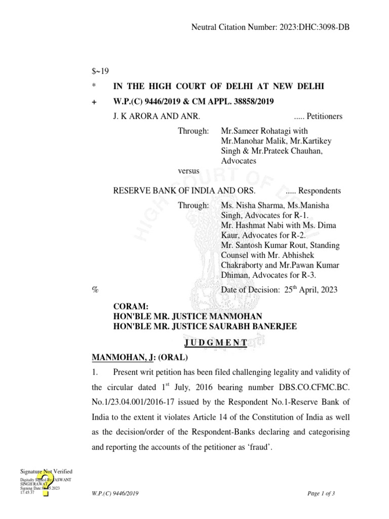 J.K. Arora and Anr. v. RBI and Ors. - DHC DB Decision Following Rajesh ...
