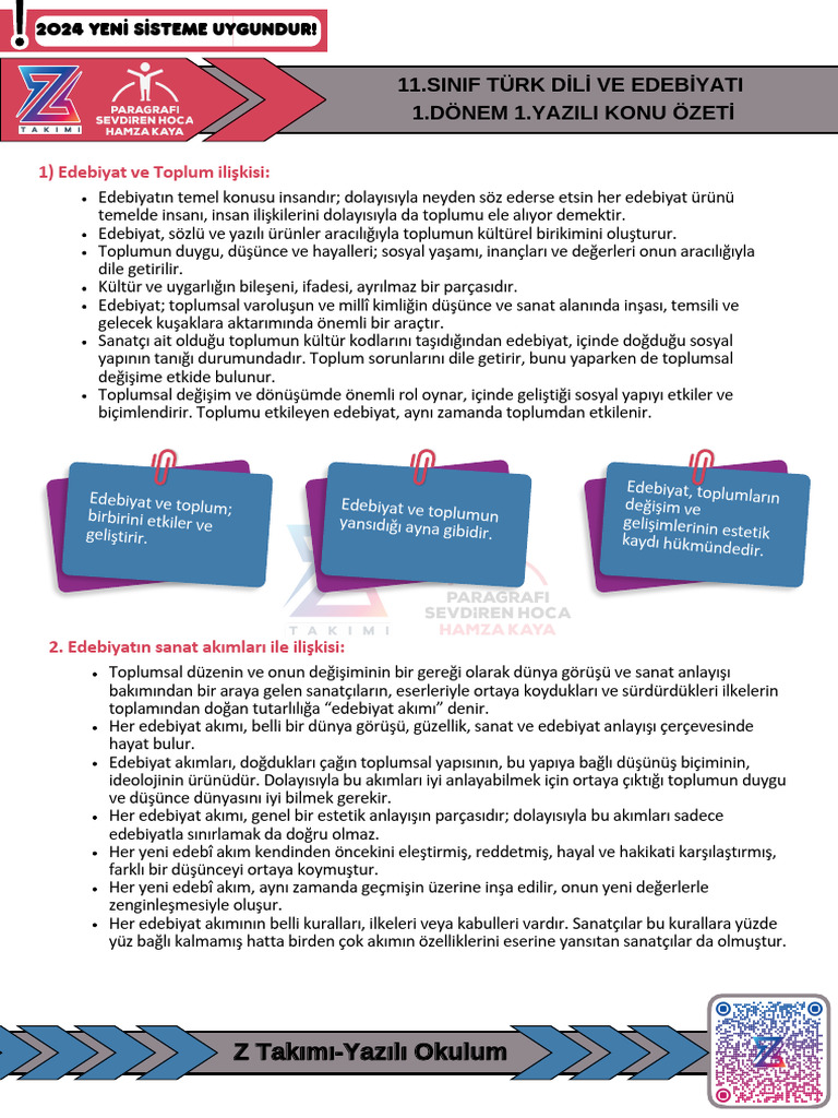 11 Sinif Edebiyat 1 Donem 1 Calisma Kagidi | PDF