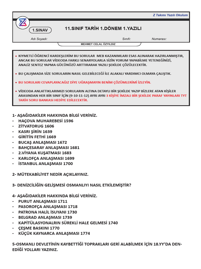 11 Sinif Tarih 1 Donem 1 Yazili | PDF