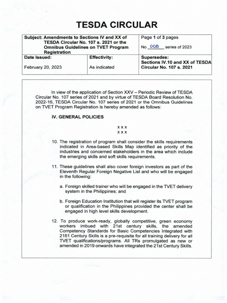 TESDA Circular Amendments 2023 | PDF