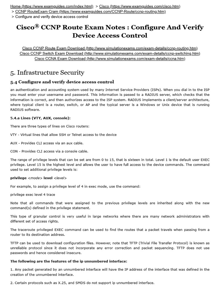 Cisco CCNP Route - Configure and Verify Device Access Control | PDF ...