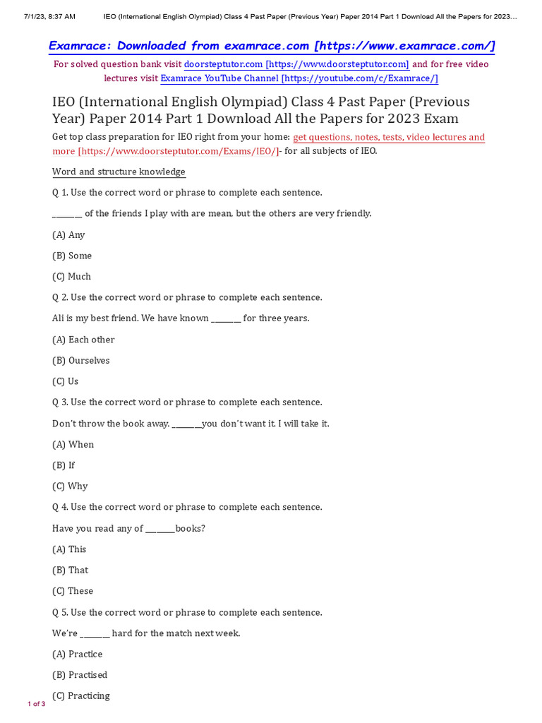 Class 4 IEO Past Paper 2014 Download | PDF | Semantics | Cognitive Science